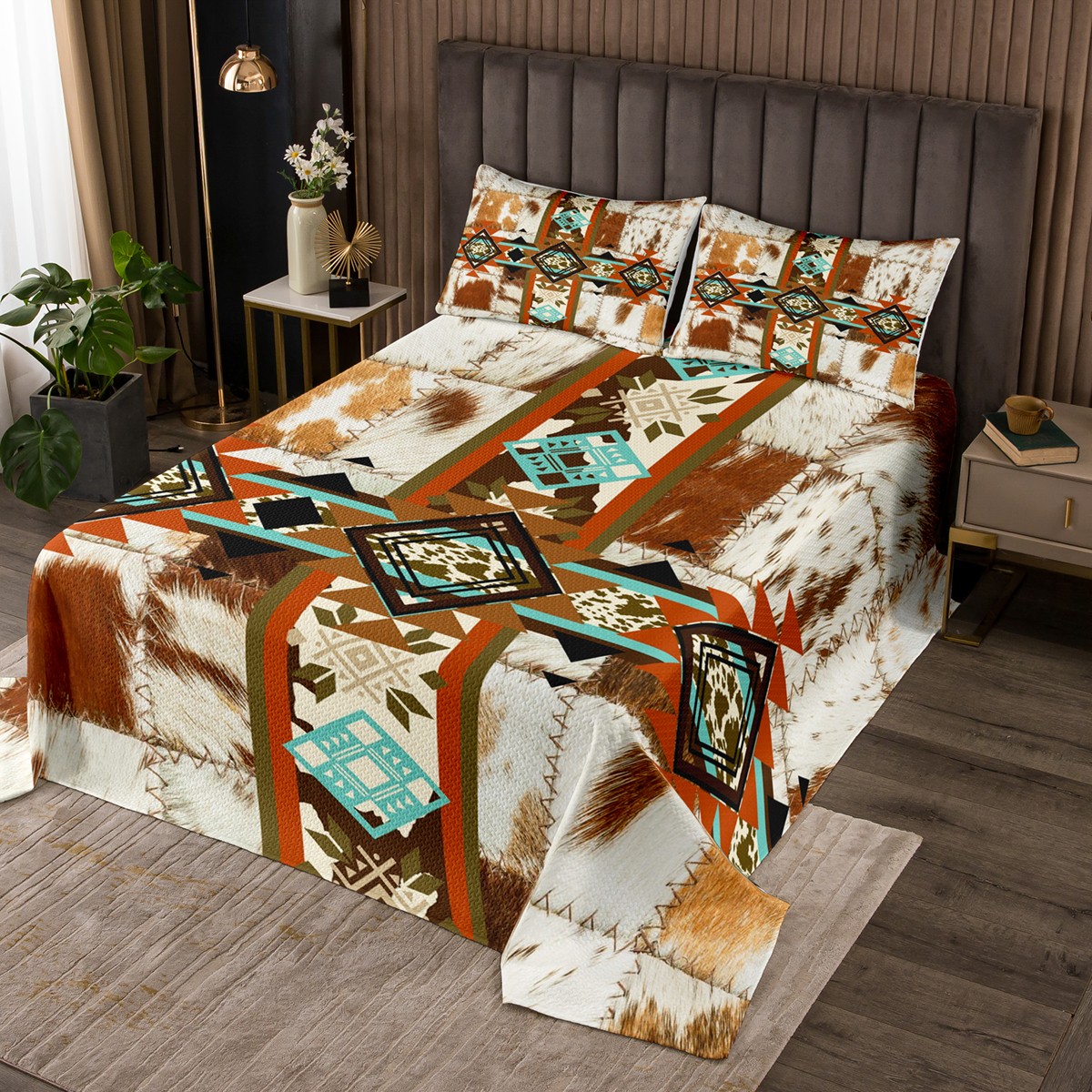 Cowhide Quilt Set Geometry Diamond Aztec Decor Western Bedspread Set ...