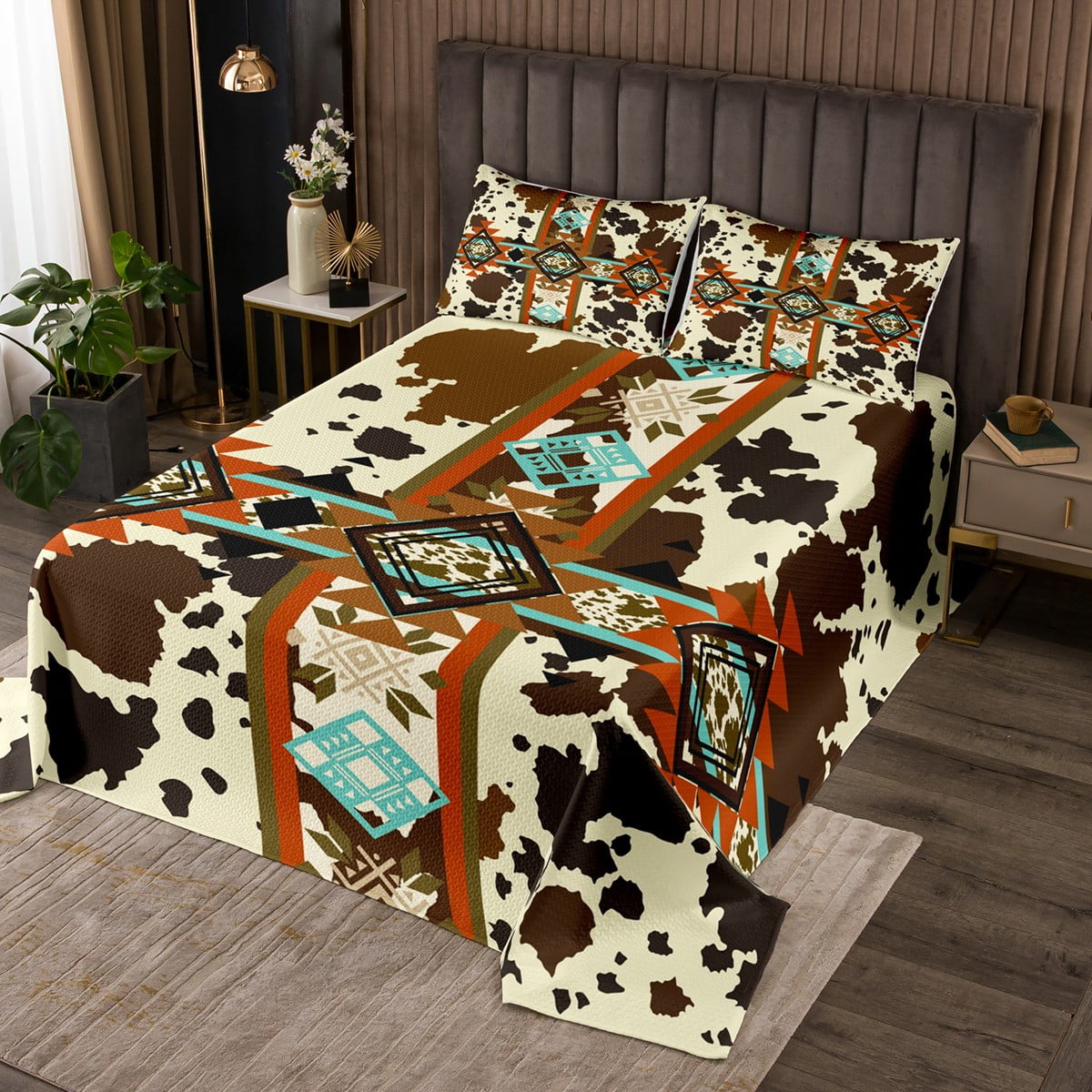 Cowhide Quilt Set Western Bedspread Set King,Brown Highland Cow Print ...
