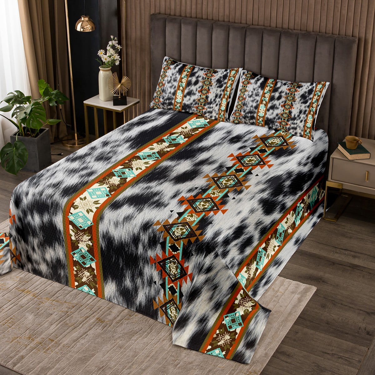 Cowhide Quilt Set Western Bedspread Set Twin,Black and White Highland ...