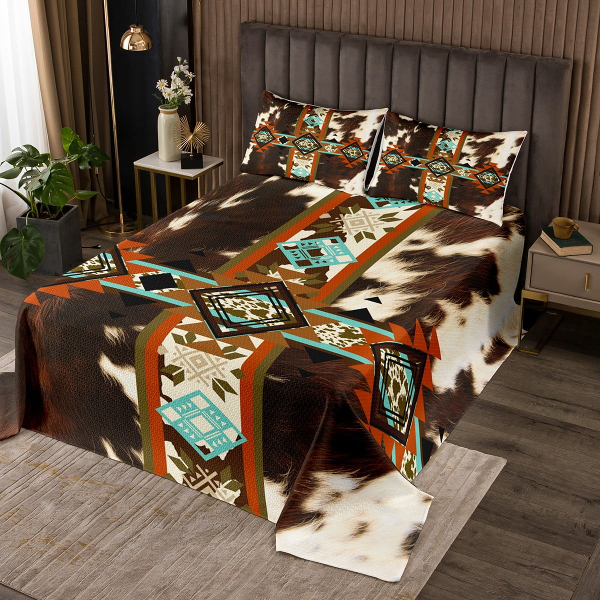 Cowhide Quilt Set Western Bedspread Set Twin,Brown Cow Print Coverlet ...