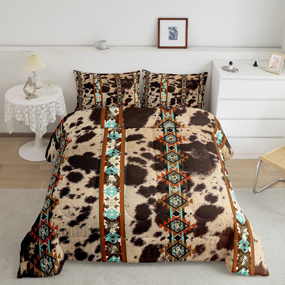 Cowhide Quilt western Comforter Set Twin,Brown Highland Cow Print ...