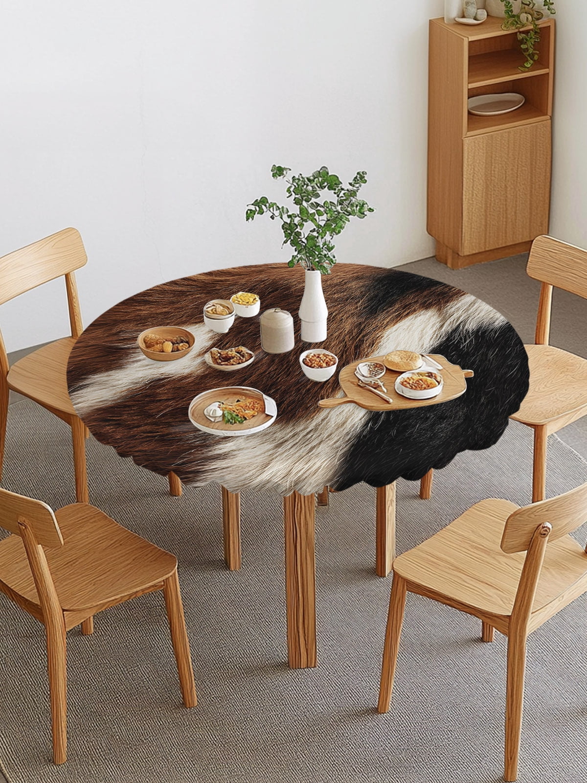 Cowhide Round Fitted Tablecloth with Elastic Edge, Brown Black White ...