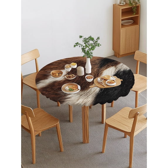 Cowhide Round Fitted Tablecloth with Elastic Edge, Brown Black White ...