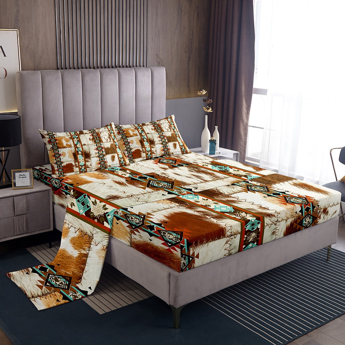 Cowhide Sheets geometry Diamond Aztec Decor Western Sheet Set Queen ...