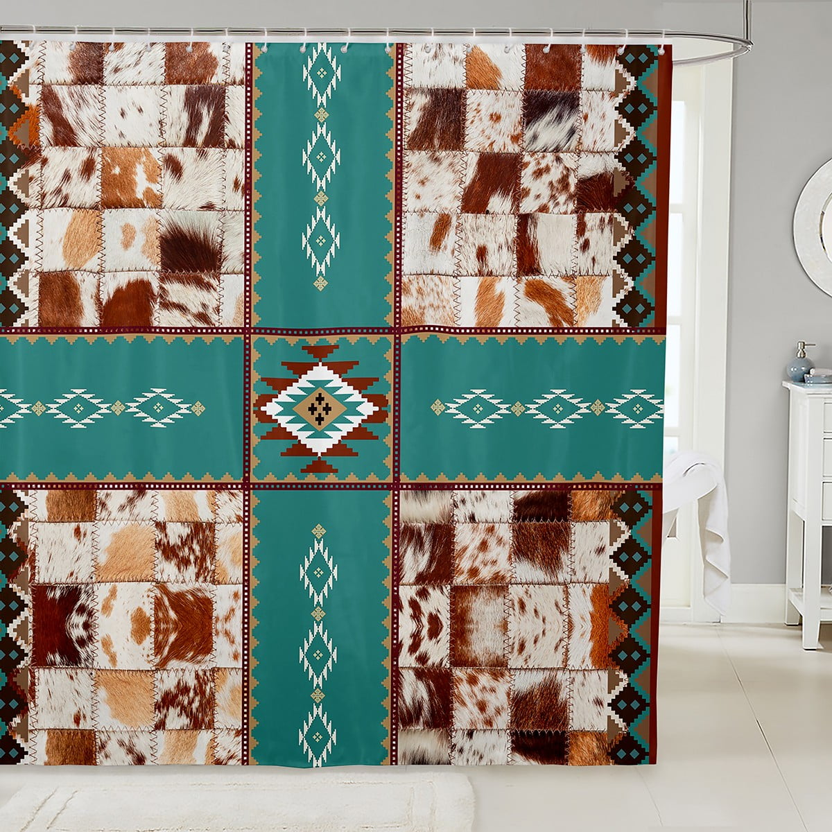 Cowhide Shower Curtain Geometric Diamond Triangle Western Bath Curtain ...