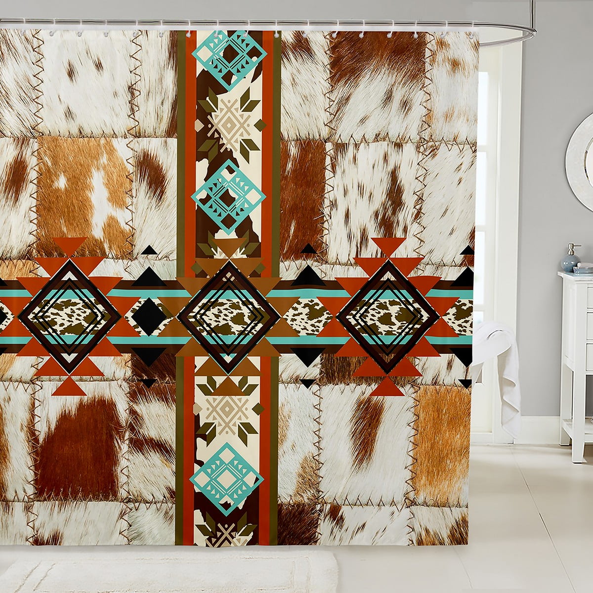 Cowhide Shower Curtain Geometry Diamond Aztec Decor Western Bath ...