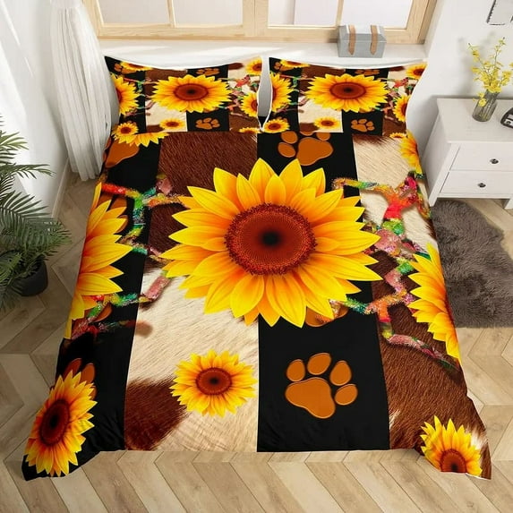 Cowhide Sunflower Duvet Cover Western Farm Animal Bedding Set ...