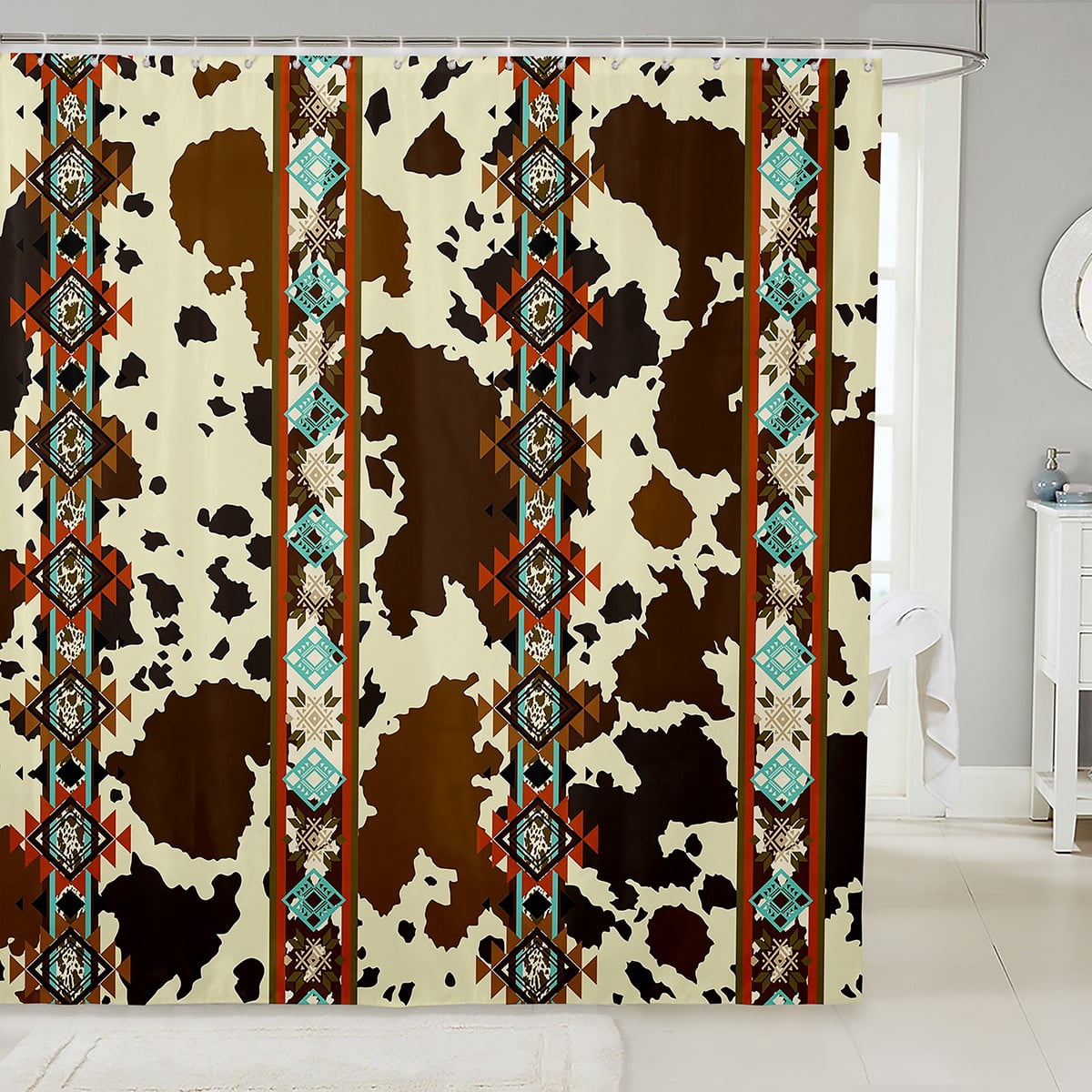Cowhide Wall Art Western Bath Curtain,Brown Highland Cow Print Bathroom ...