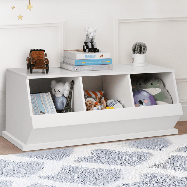 Cowiewie Modern Toy Box Storage Organizer with 3 Bins for Kids Playroom ...