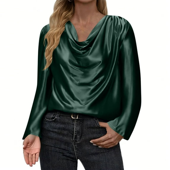 Cowl Neck Shirts for Women Satin Silk Stretch Elegant Long Sleeve Shirt ...