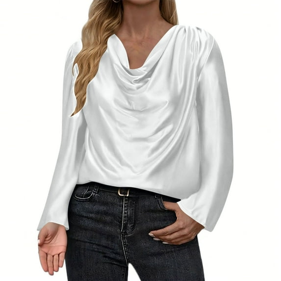 Cowl Neck Shirts for Women Satin Silk Stretch Elegant Long Sleeve Shirt ...