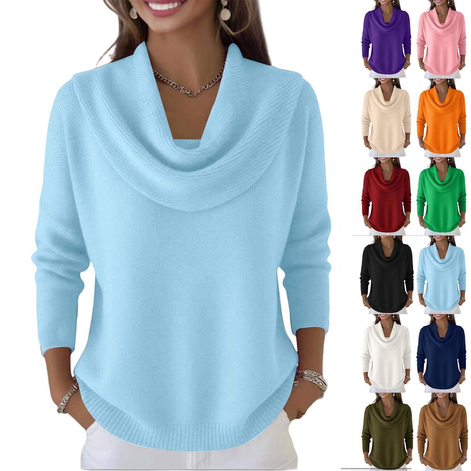 Cowl Neck Sweaters for Women Long Sleeve Knit Pullover Cozy Loose Fall ...
