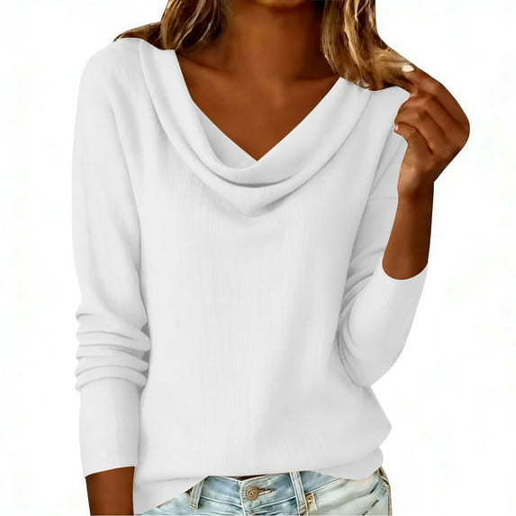 Cowl Neck Tops for Women Cotton Linen Draped Tunic Cute Long Sleeve ...