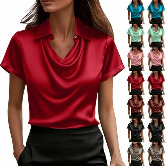 Cowl Neck Tops for Women Elegant Satin Silk Blouse Dressy Short Sleeve ...