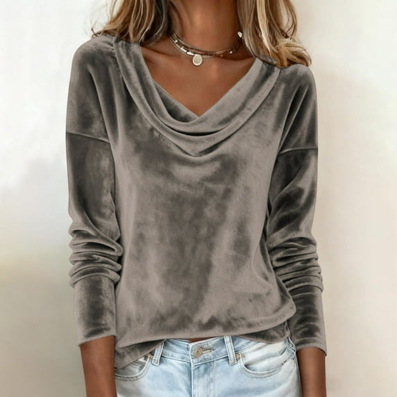 Cowl Neck Velvet Tops for Women Long Sleeve Pleated Loose Fit Solid ...