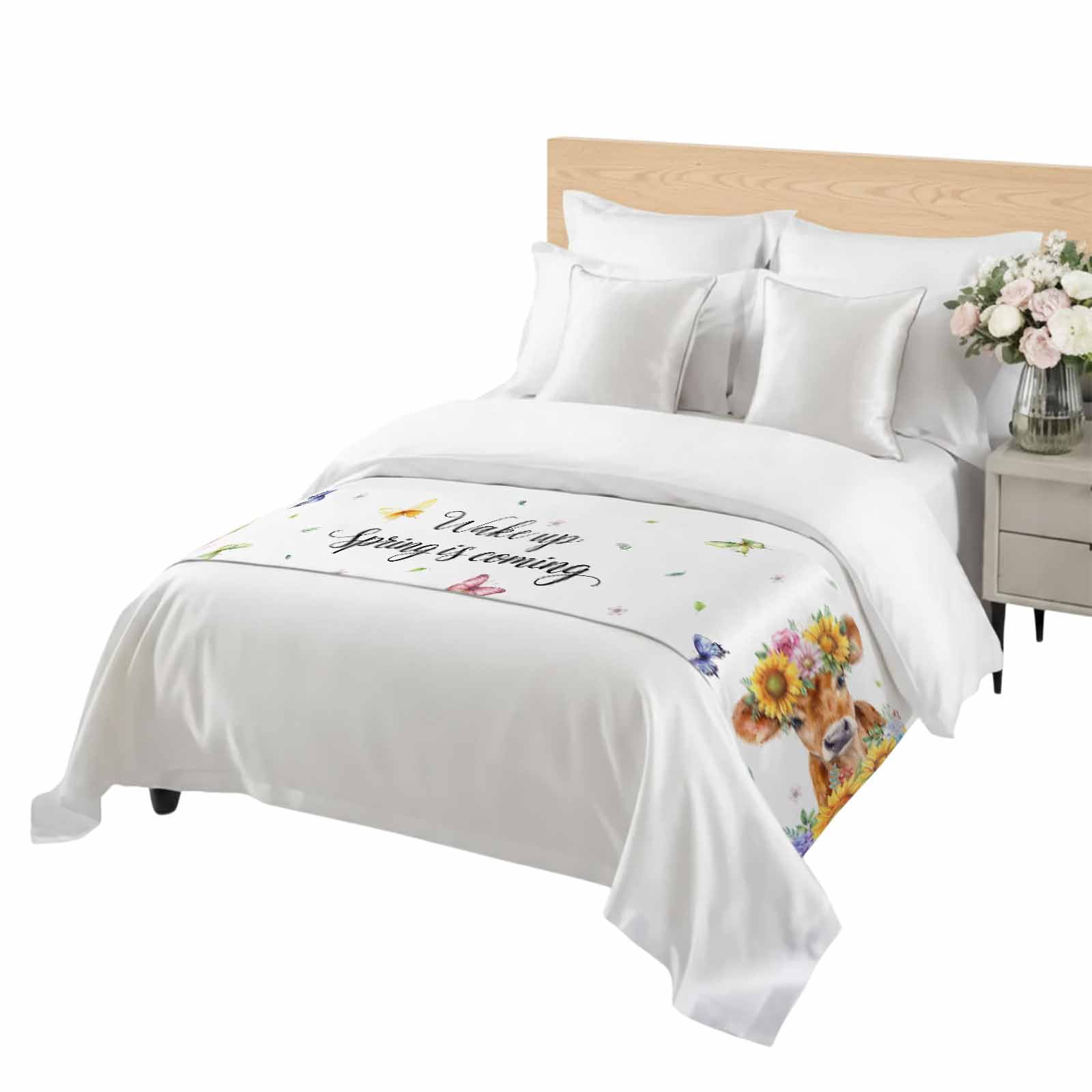 Cows Bed Runner King Size Watercolor Spring Yellow Purple Pink Floral ...