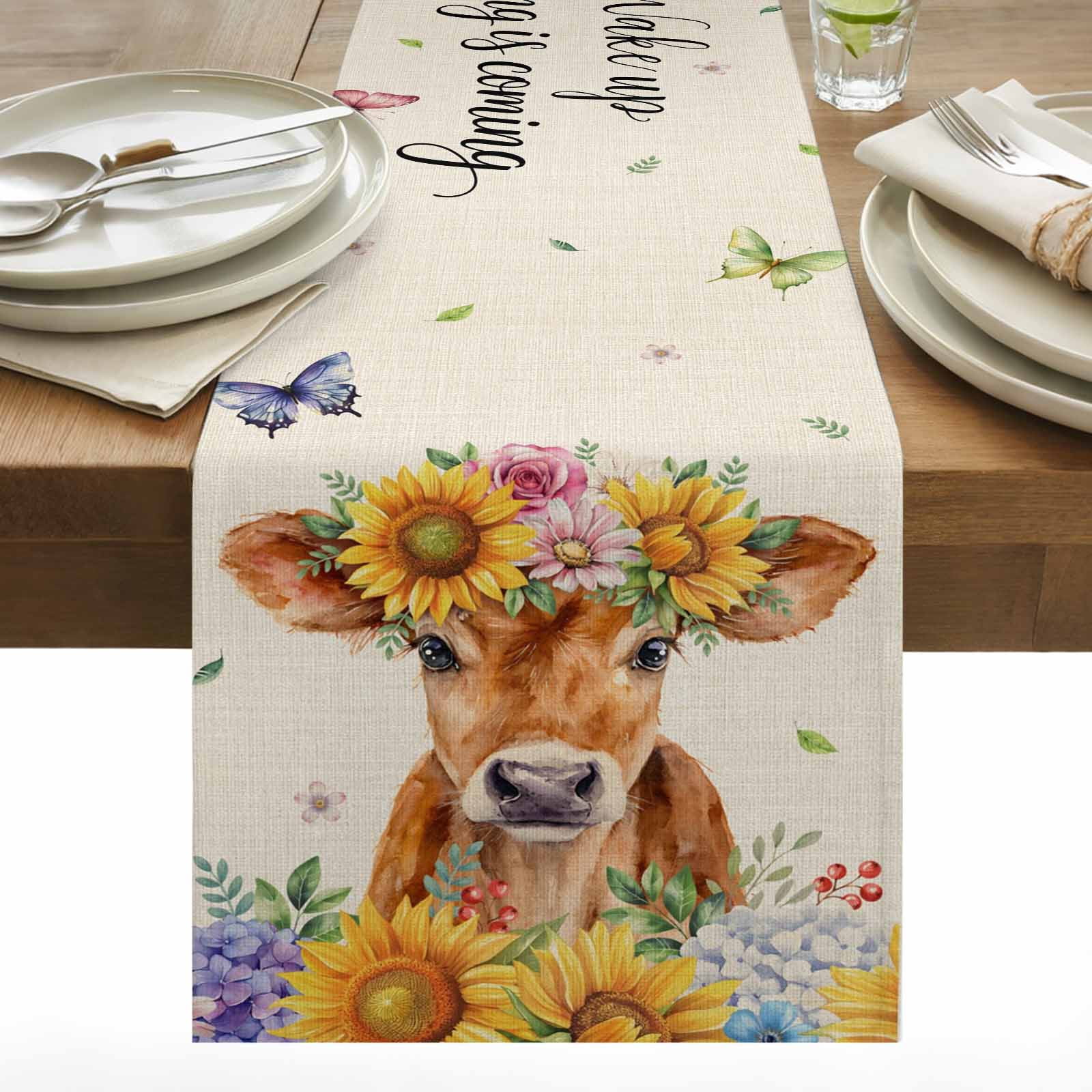 Cows Cotton Linen Table Runner Watercolor Spring Yellow Purple Pink ...