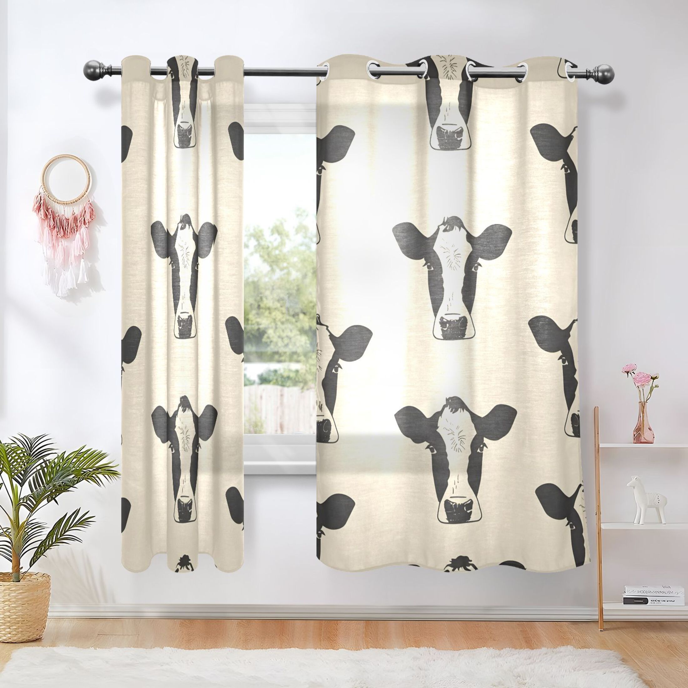 Cows Faux Linen Curtains Semi Sheer 2 Panels Voile Sheer Drapes for ...