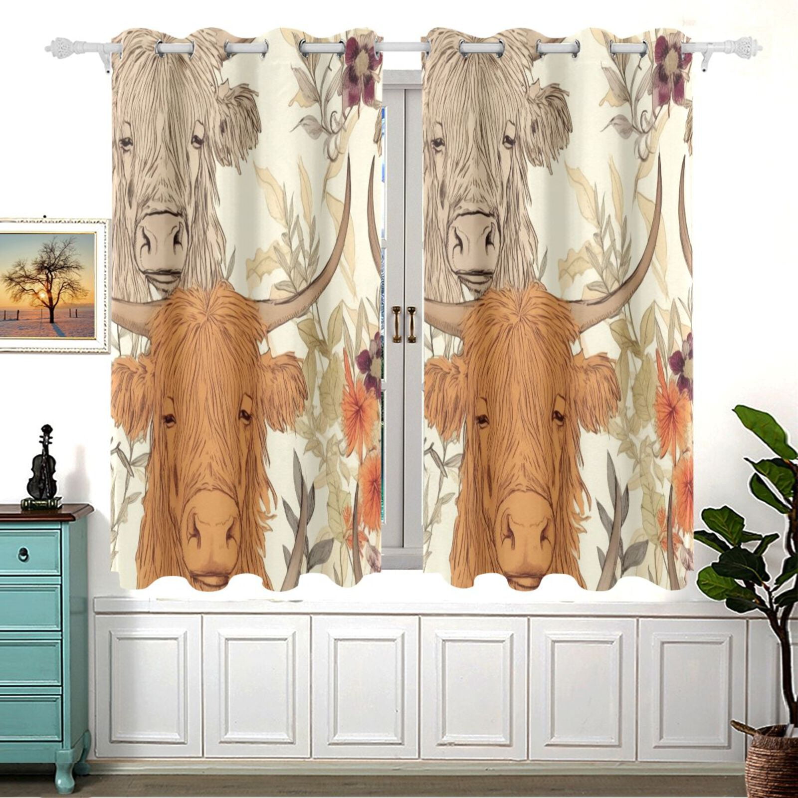 Cows Flowers Leaves Green Black Out Curtains Aesthetic for Bedroom ...