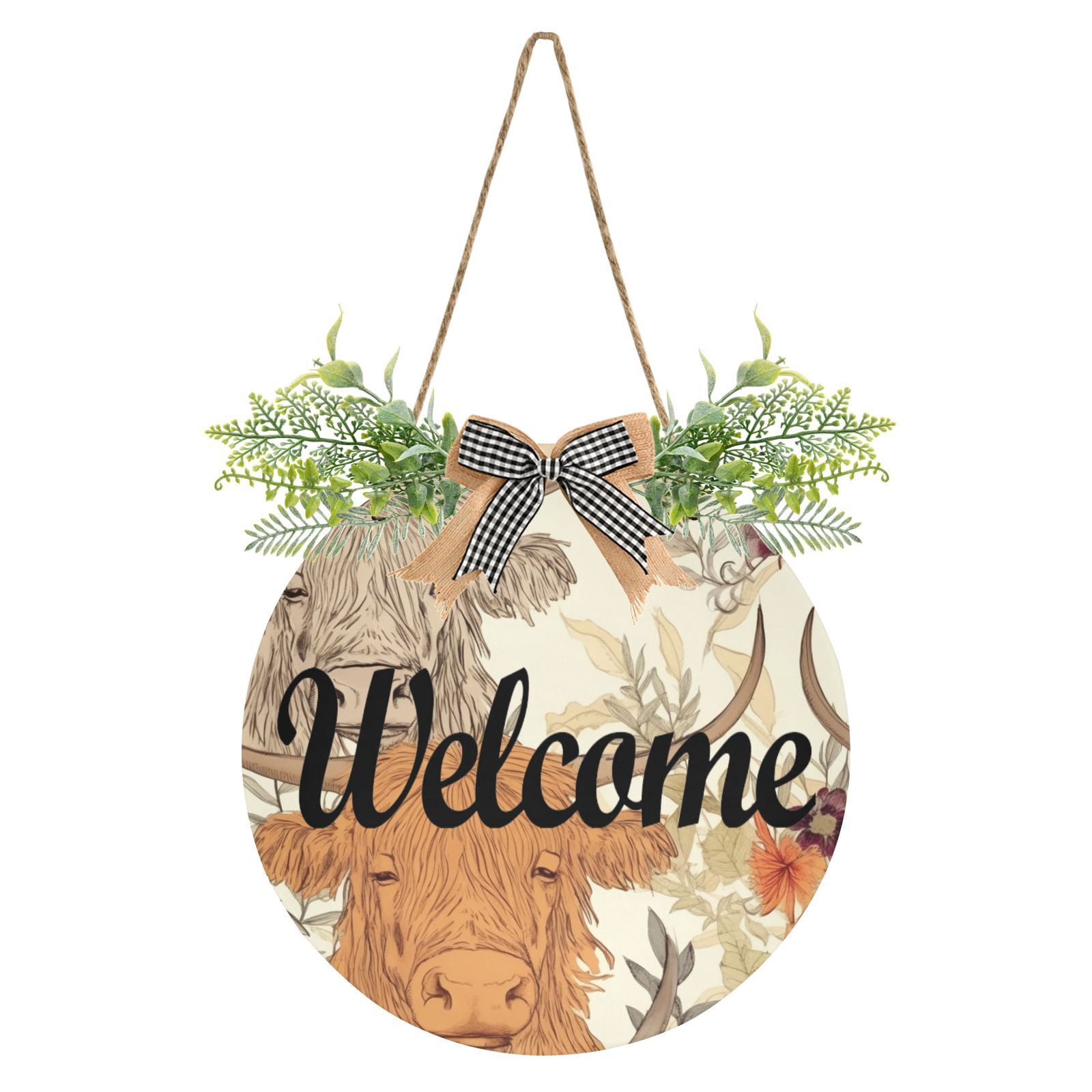 Cows Flowers Leaves Green Welcome Sign for Front Door Wreath Door Sign ...