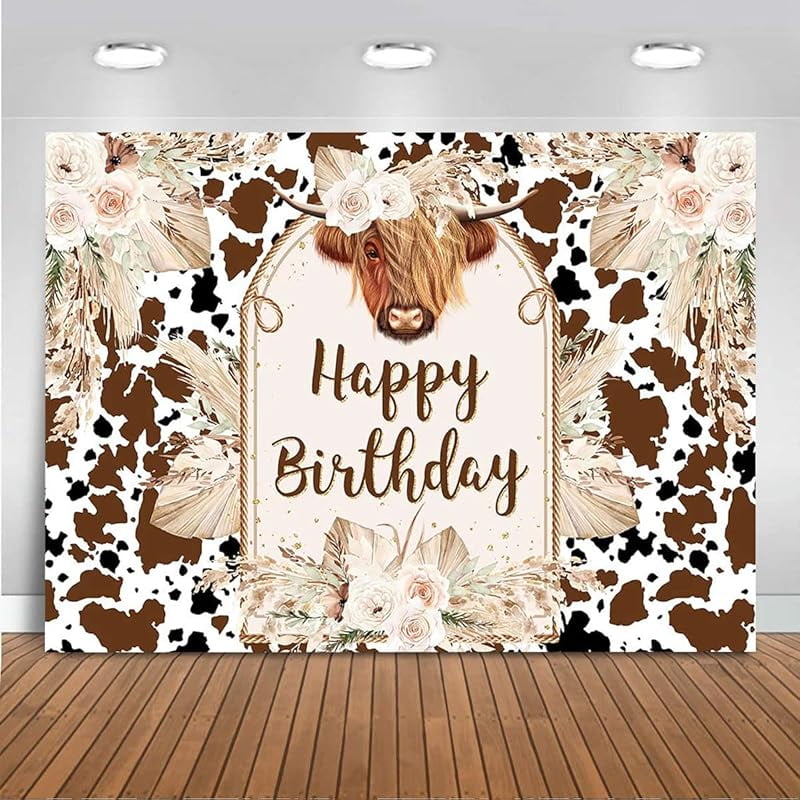 Cows Happy Birthday Backdrop Brown Highland Cattle Pampas Grass ...