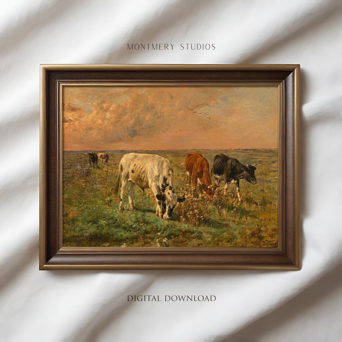 Cows Landscape , Cow in Meadow , Vintage Cow Art Print Poster Farmhouse ...