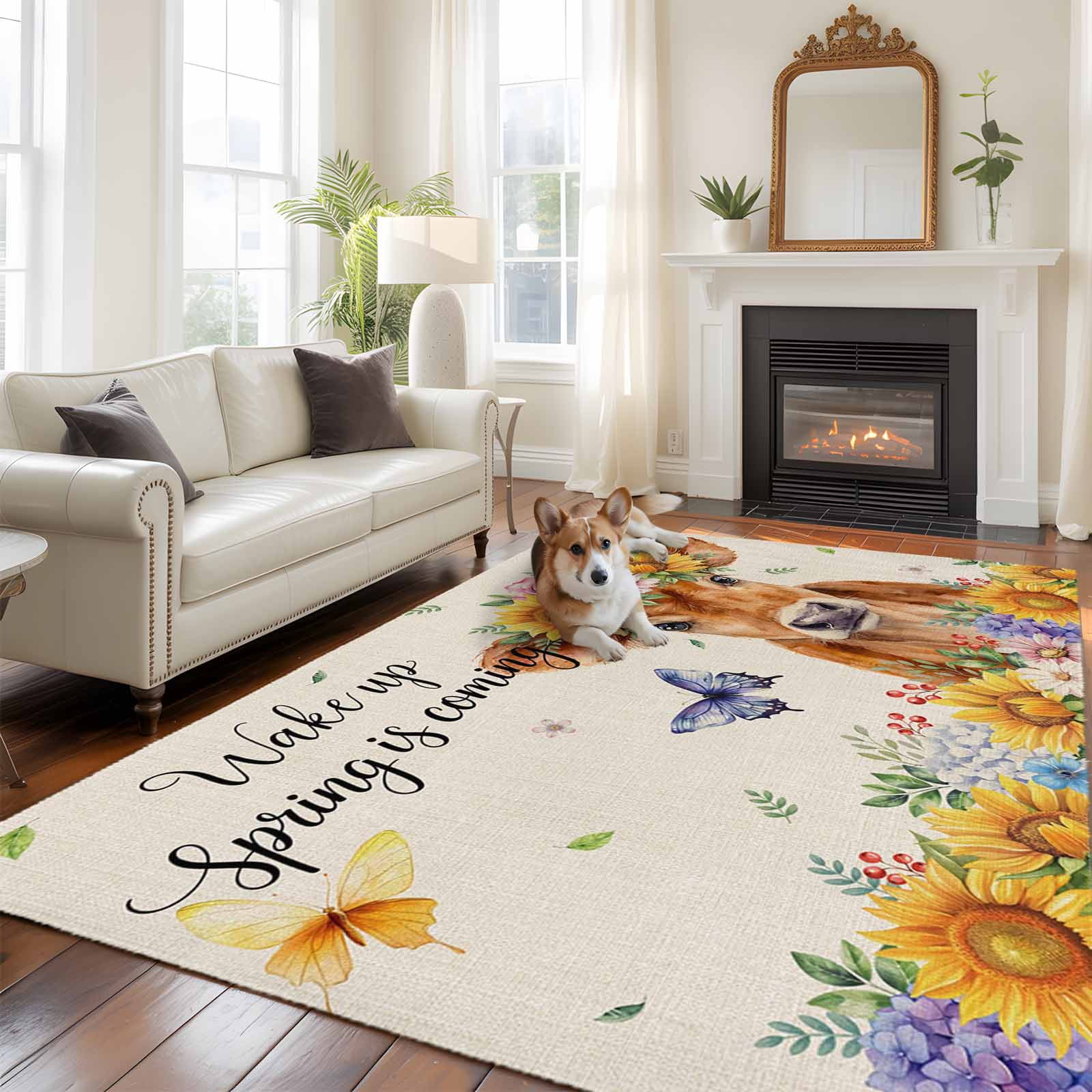 Cows Large Area Rugs 6x9 ft Watercolor Spring Yellow Purple Pink Floral ...