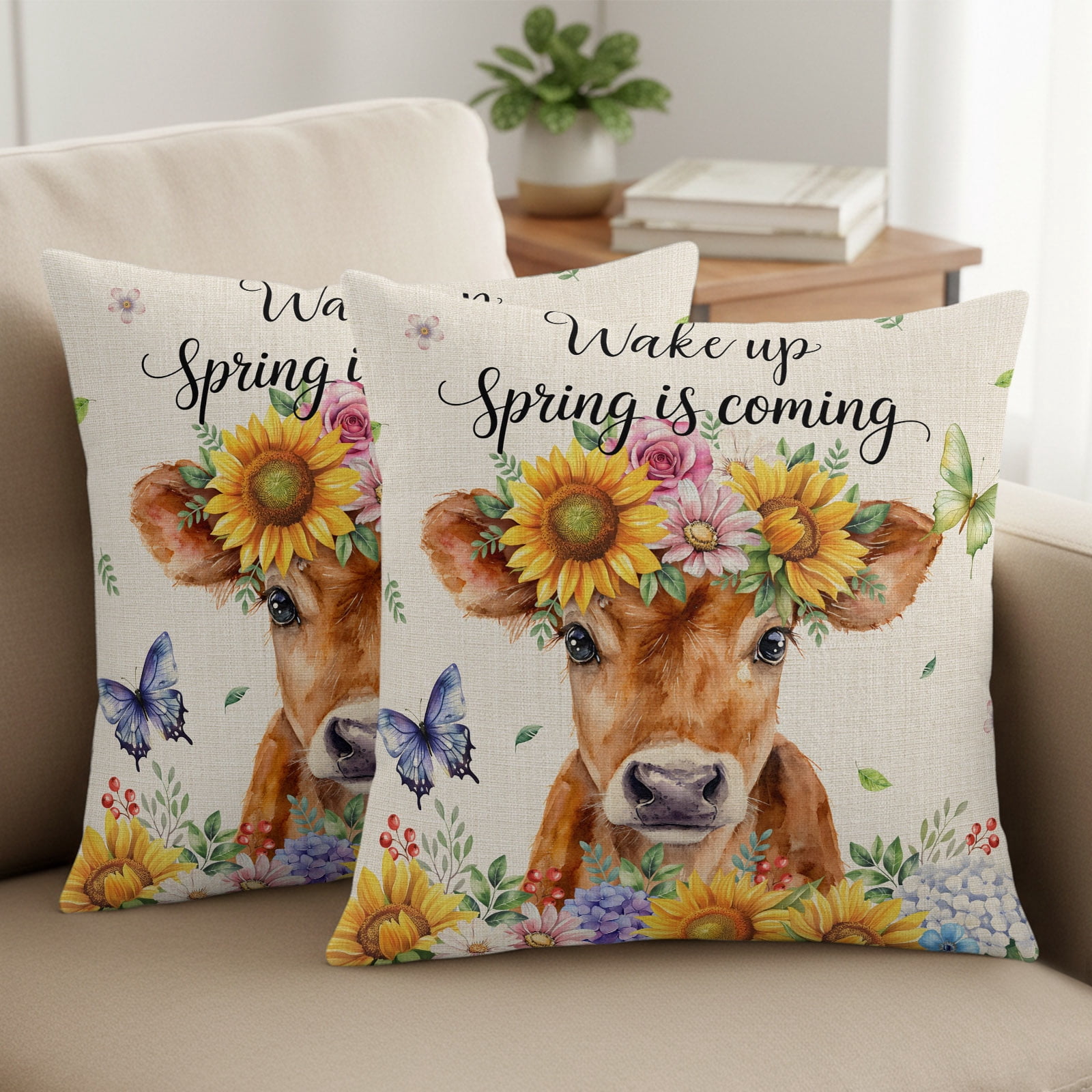 Cows Pillow Covers Set of 2, Watercolor Spring Yellow Purple Pink ...