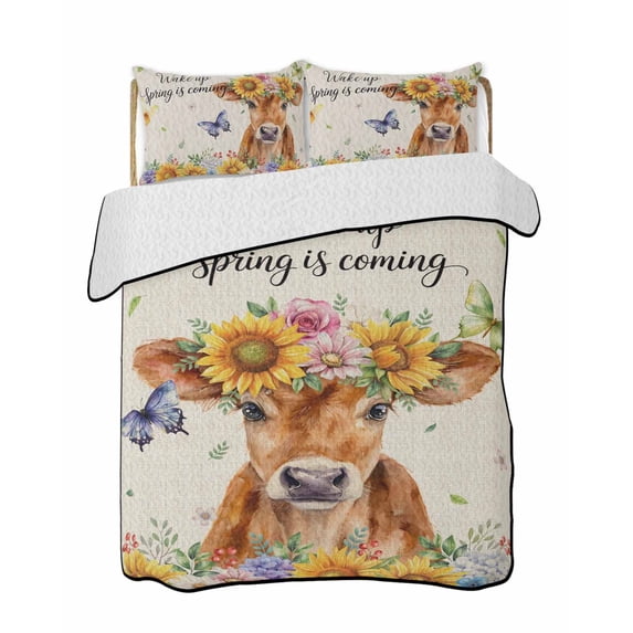 Cows Quilts Bedding Set King Size Watercolor Spring Yellow Purple Pink ...