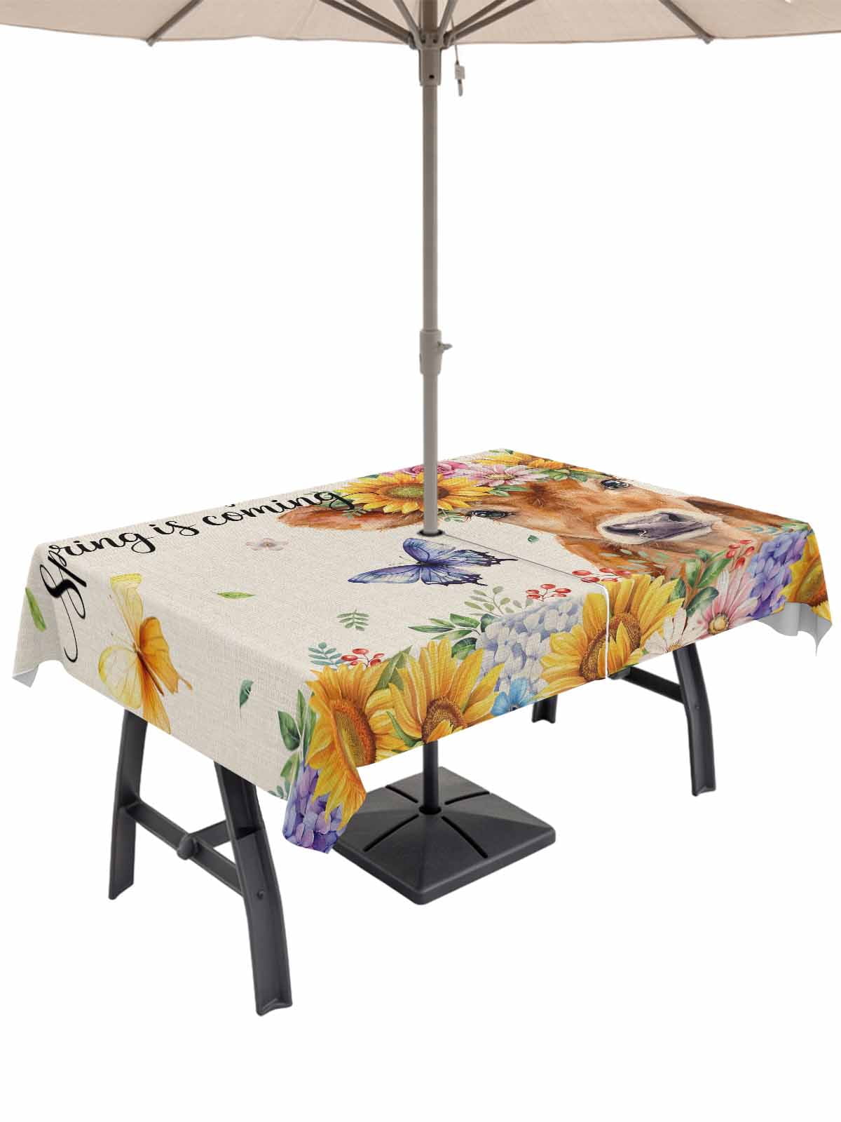 Cows Rectangle Outdoor Tablecloth with Umbrella Hole Watercolor Spring ...