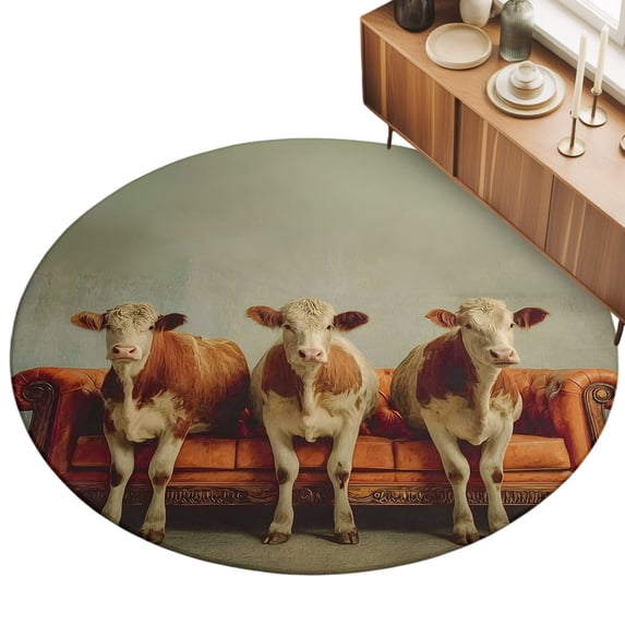 Cows on Sofa Area Rugs 5' (Round) Funny Animal Farmhouse Humor Floor ...