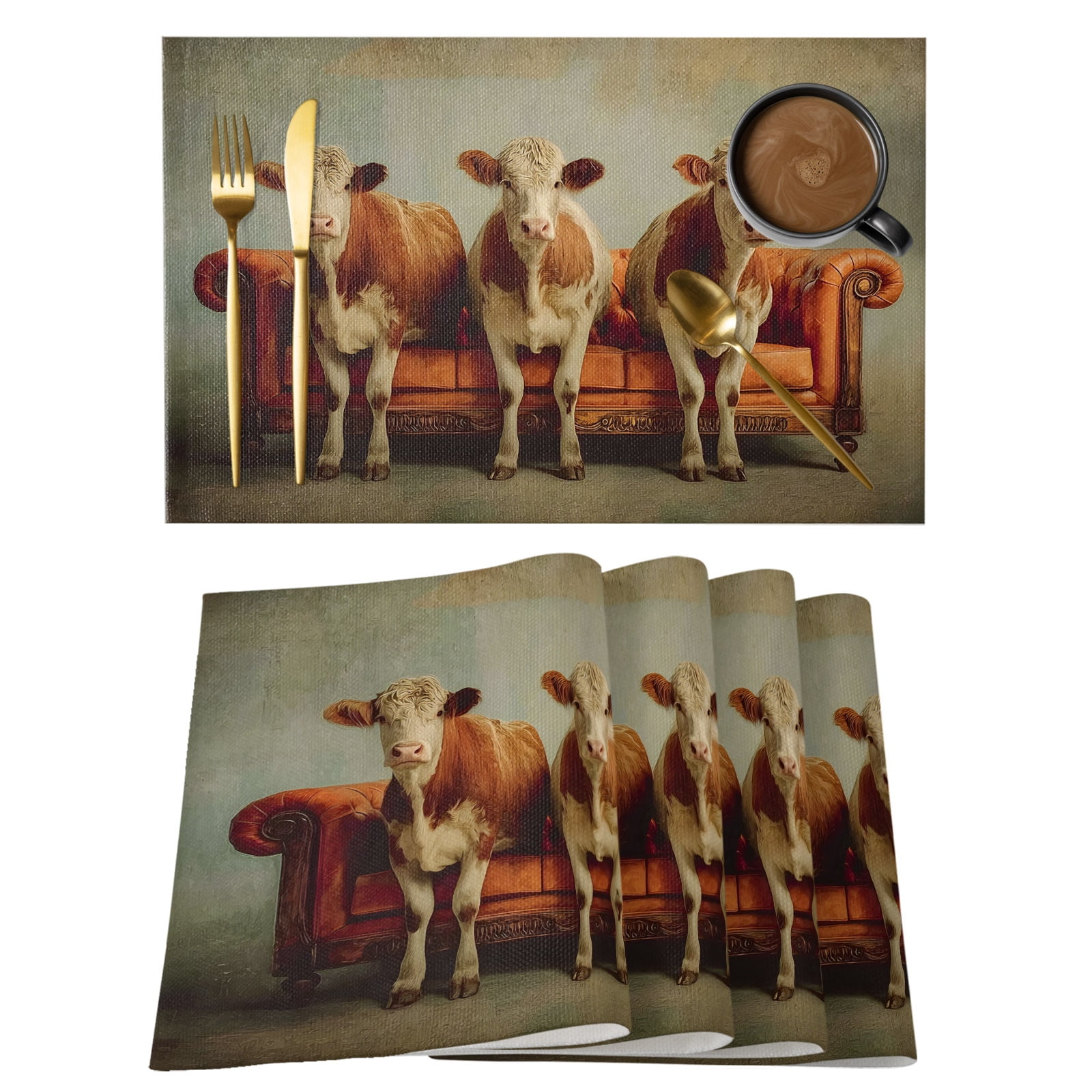 Cows on Sofa Placemats Set of 12 Farmhouse Abstract Funny Animals Place ...
