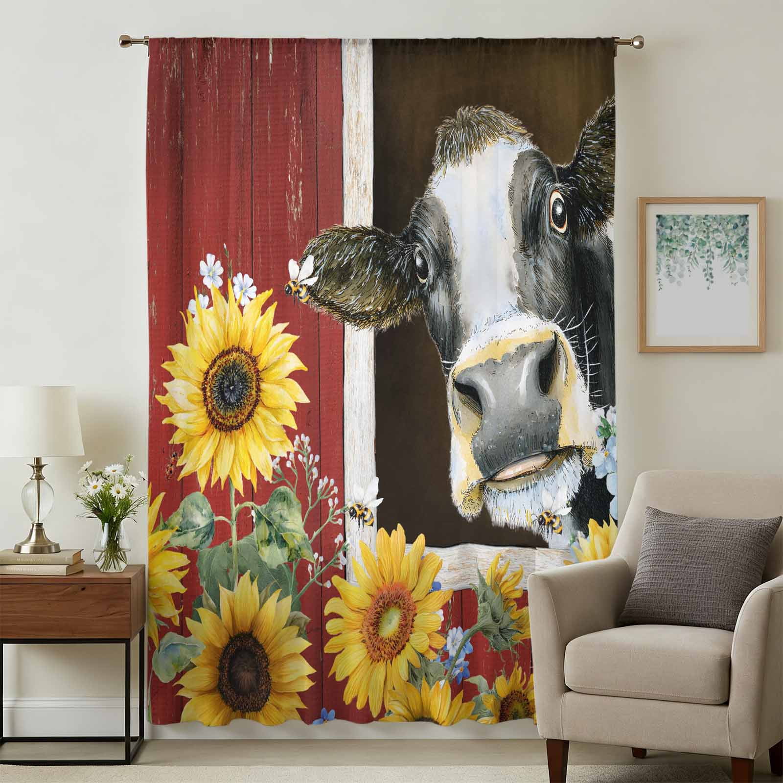 Cows Sunflowers Sheer Curtains 108 Inches Extra Long, Rustic Farms ...