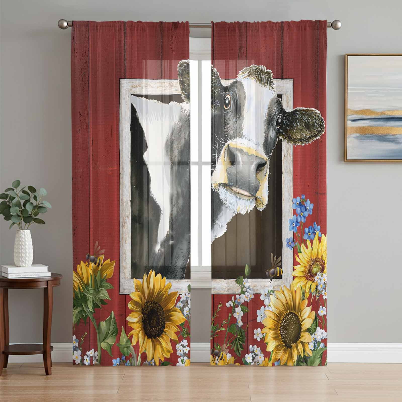 Cows Sunflowers Sheer Curtains 63 Inch Length 2 Panels Set, Spring ...