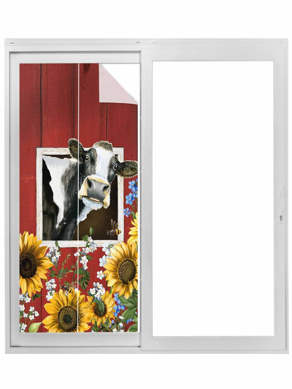 Cows Sunflowers Window Privacy Film, Spring Botanical Floral Bees Red ...