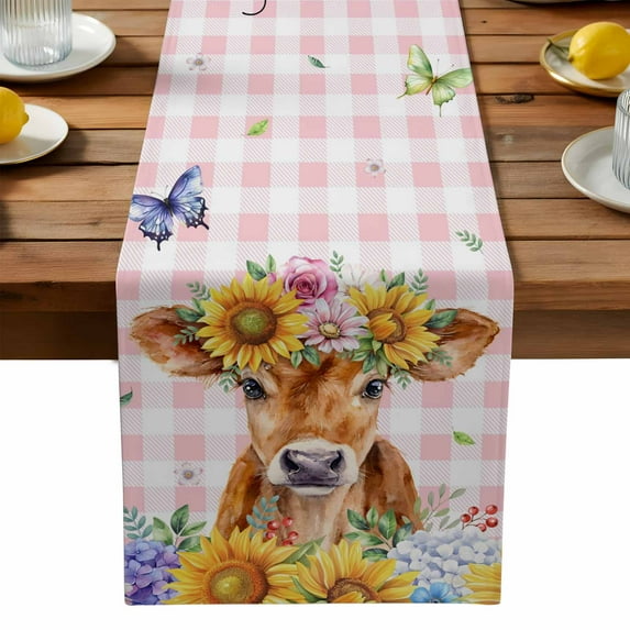 Cows Table Runner, Watercolor Spring Yellow Purple Pink Floral Leaf ...