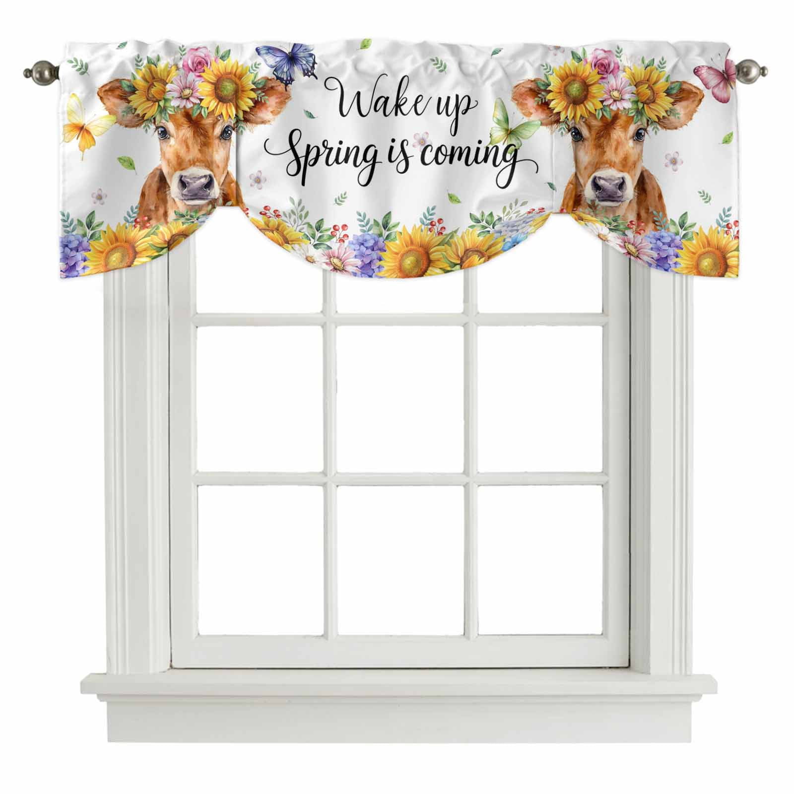 Cows Tie Up Valance for Windows, Watercolor Spring Yellow Purple Pink ...