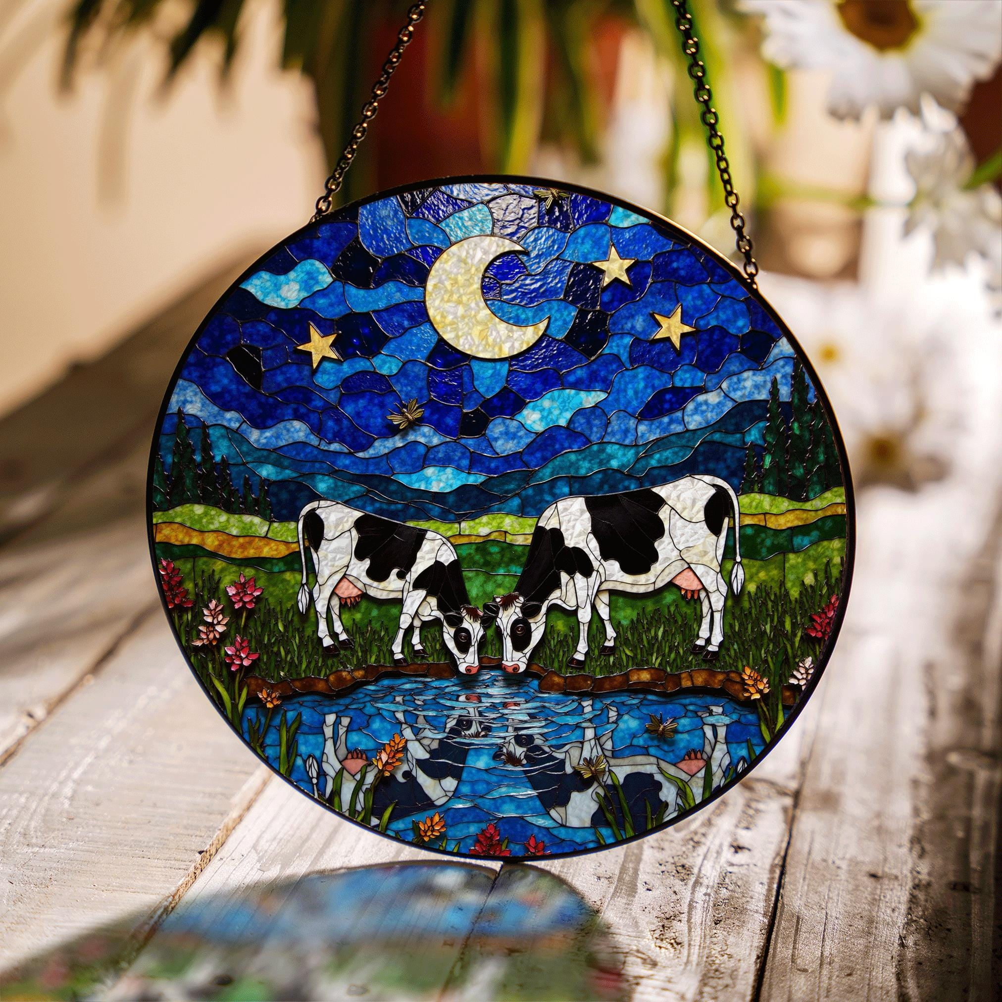 Cows Under Moonlight Farm Scene Stained Glass Style Suncatcher, Rustic ...
