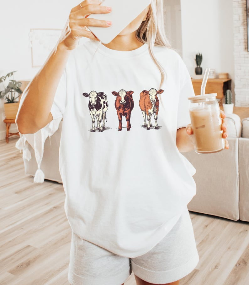 Cows Western Rodeo Graphic Tee Southern Farm Cow Artwork Rustic Country ...