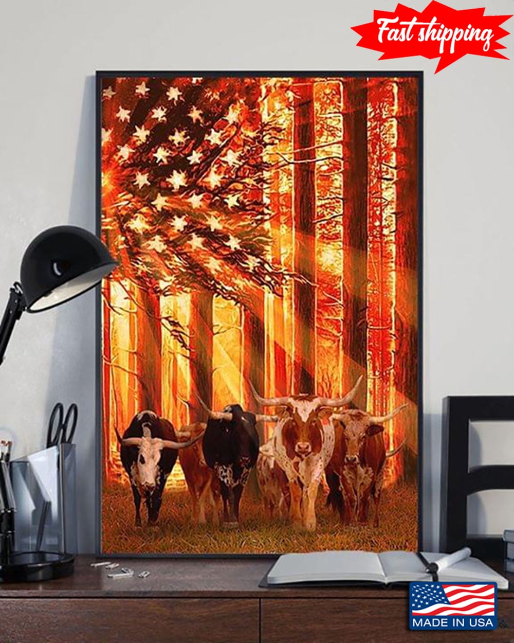 Cows With Horns In The Forest & American Flag 24 x 36 Inch Poster ...