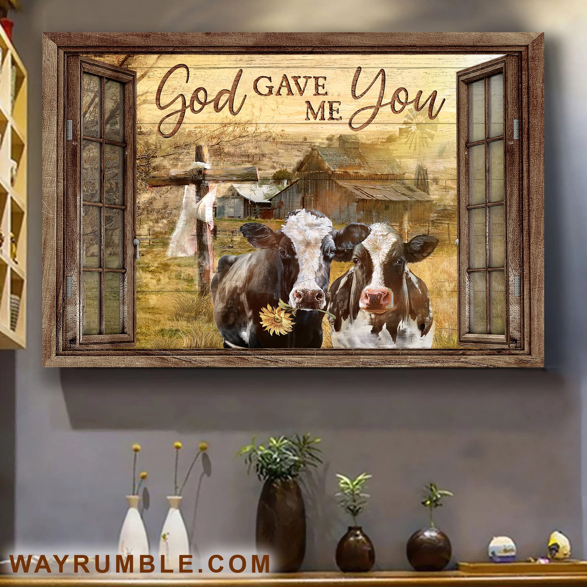 Cows on farm, Wooden Cross, Peaceful farm, Window frame, God gave me ...