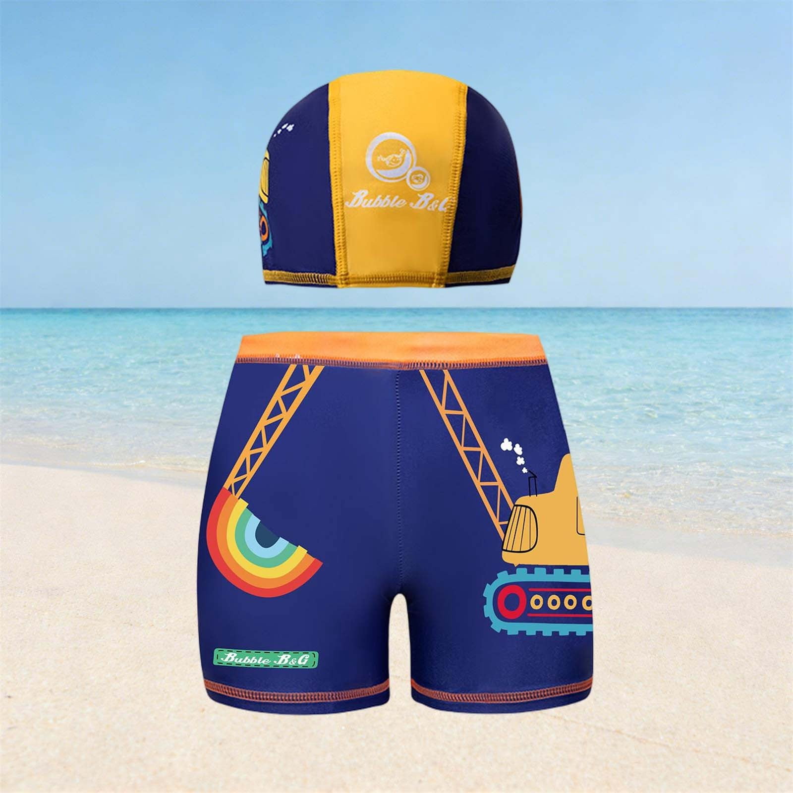 Cowsor 3-12Y Kids Excavator Print Swim Trunks Set with Cap Elastic ...