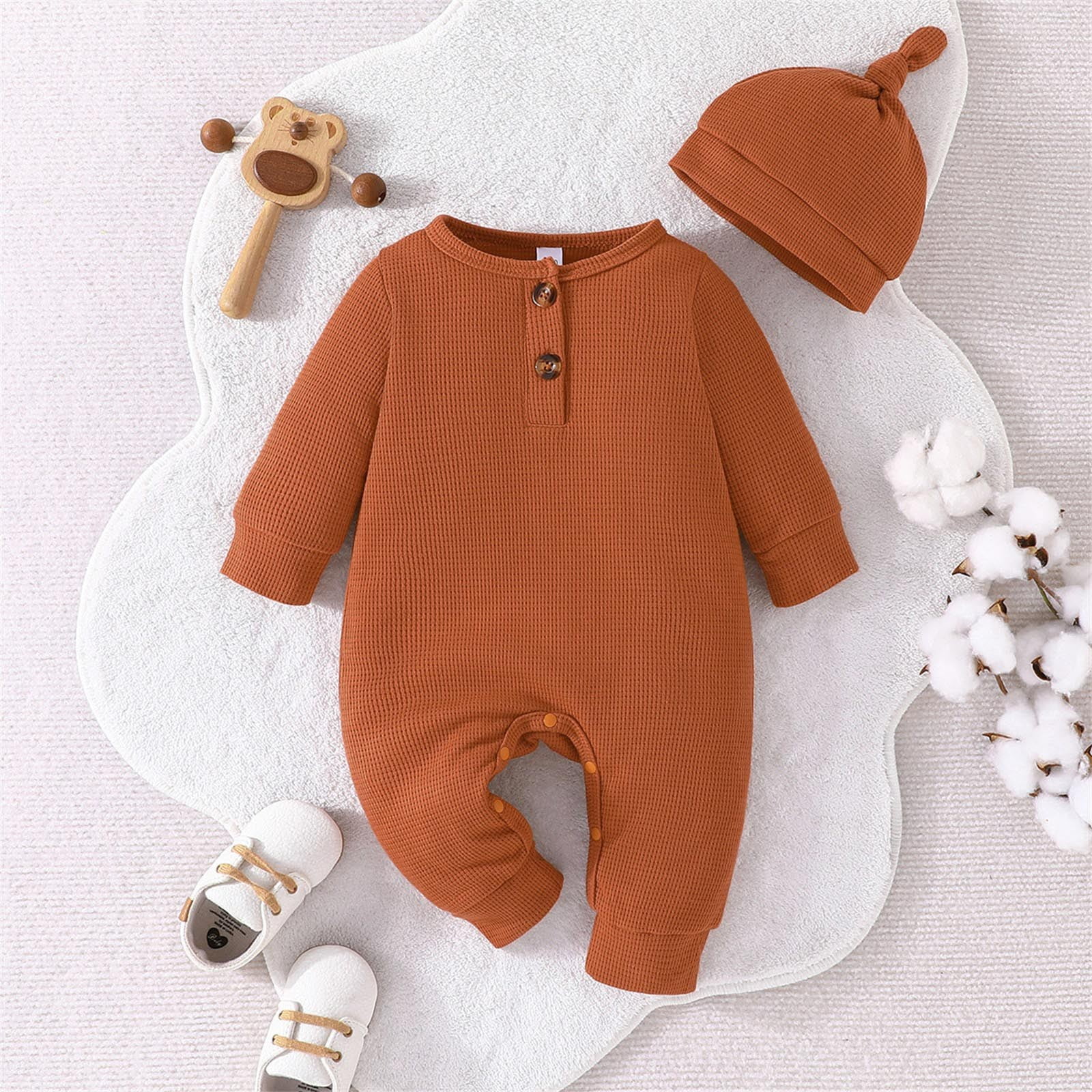 Cowsor Baby Unisex Solid Color Jumpsuit – Round Neck Long Sleeve (0-2Y ...