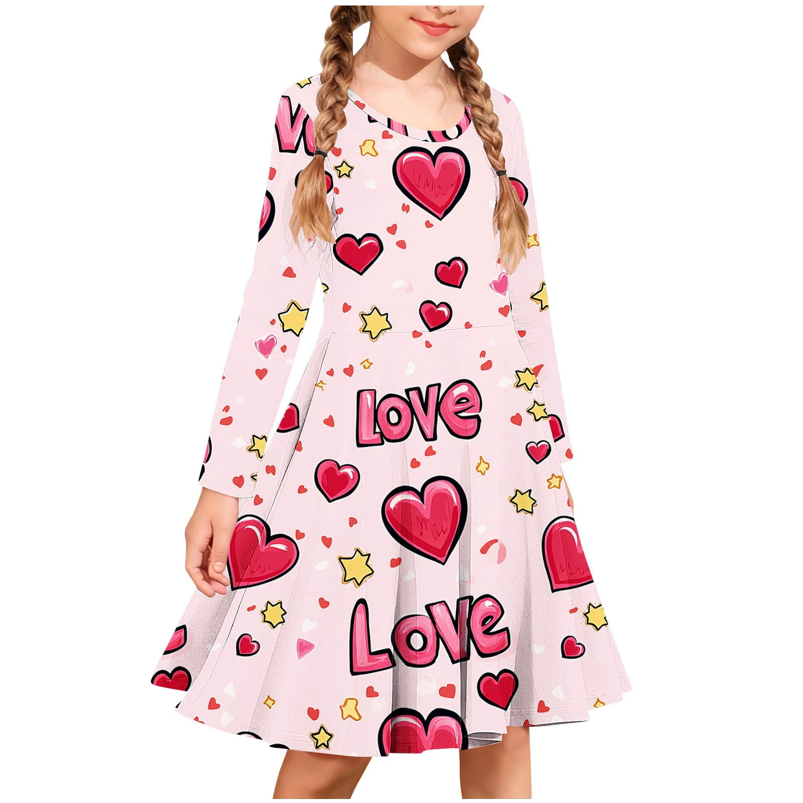 Cowsor Big Girls Long Sleeve Round Neck Dress Valentine Print ...