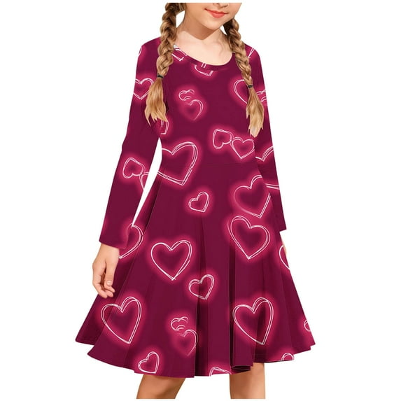 Cowsor Big Girls Long Sleeve Round Neck Dress Valentine Print ...