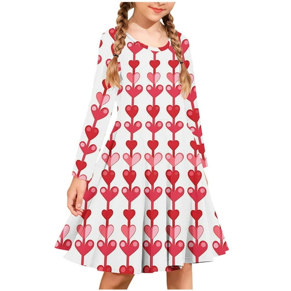 Cowsor Big Girls Long Sleeve Round Neck Dress Valentine Print ...