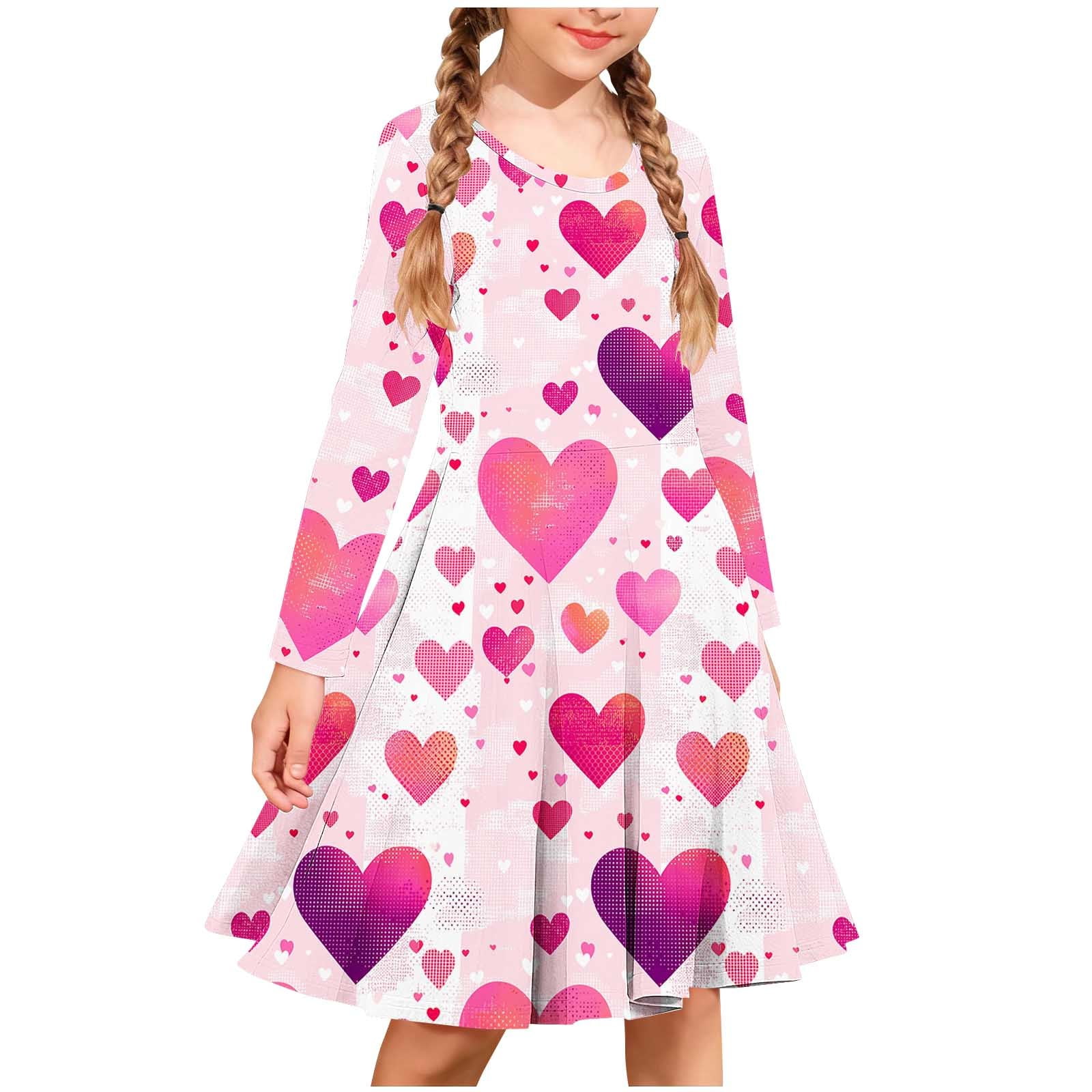 Cowsor Big Girls Long Sleeve Round Neck Dress Valentine Print ...
