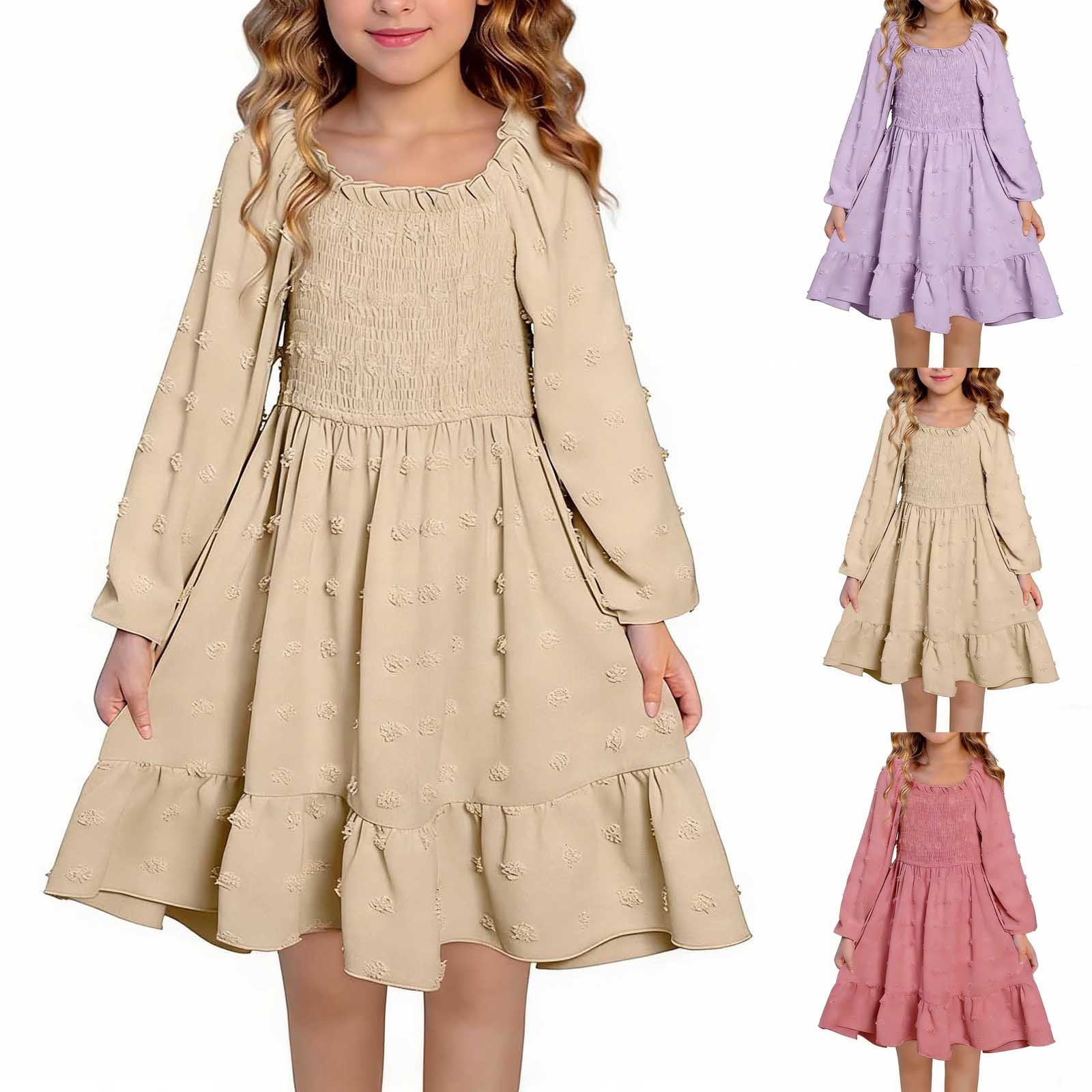 Cowsor Big Girls Long Sleeve Square Neck Dress Ruched Smocked Floral ...