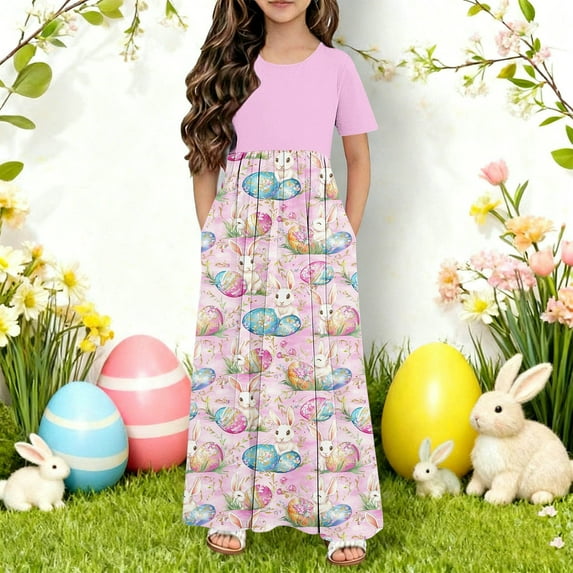 Cowsor Big Girls Short Sleeve Round Neck Easter Print Dress Casual Maxi ...