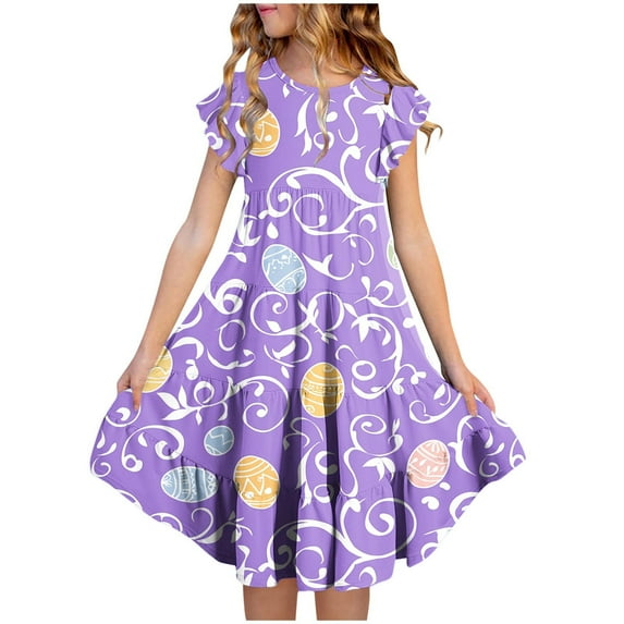 Cowsor Big Girls Short Sleeve Round Neck Ruffle Cap Sleeve Dress Easter ...